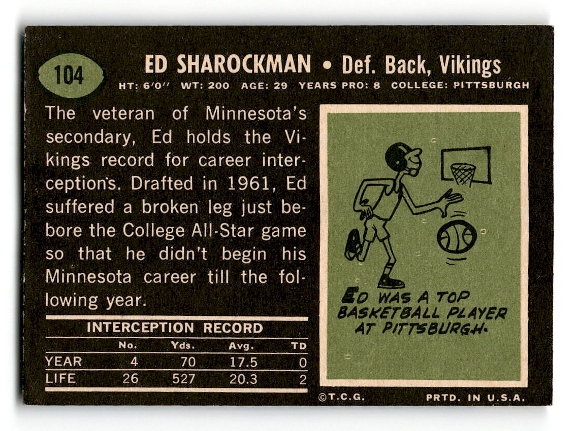 1969 Topps #104 Ed Sharockman Minnesota Vikings EX – Hall of Fame ...