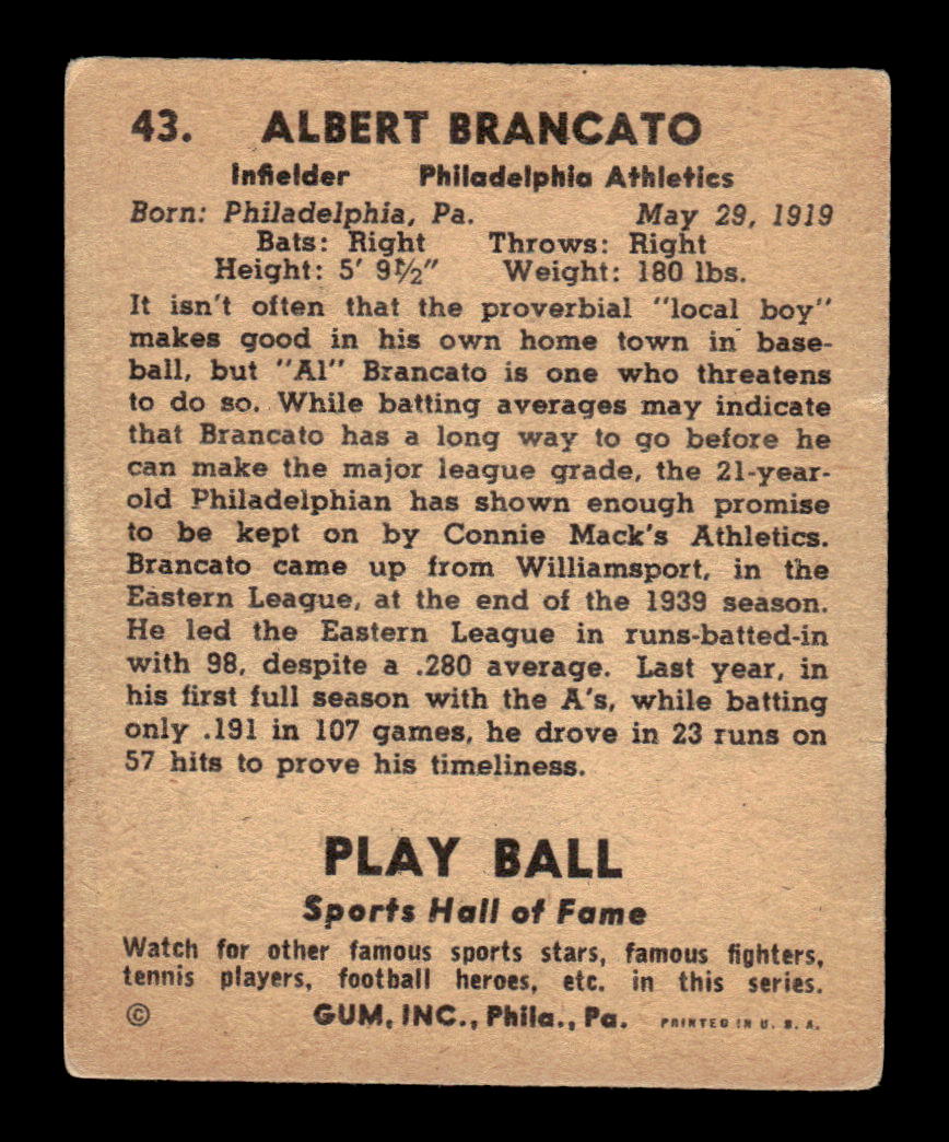 1941 Play Ball #43 Albert Bronk Brancato VG-2 – Hall of Fame Sports Cards
